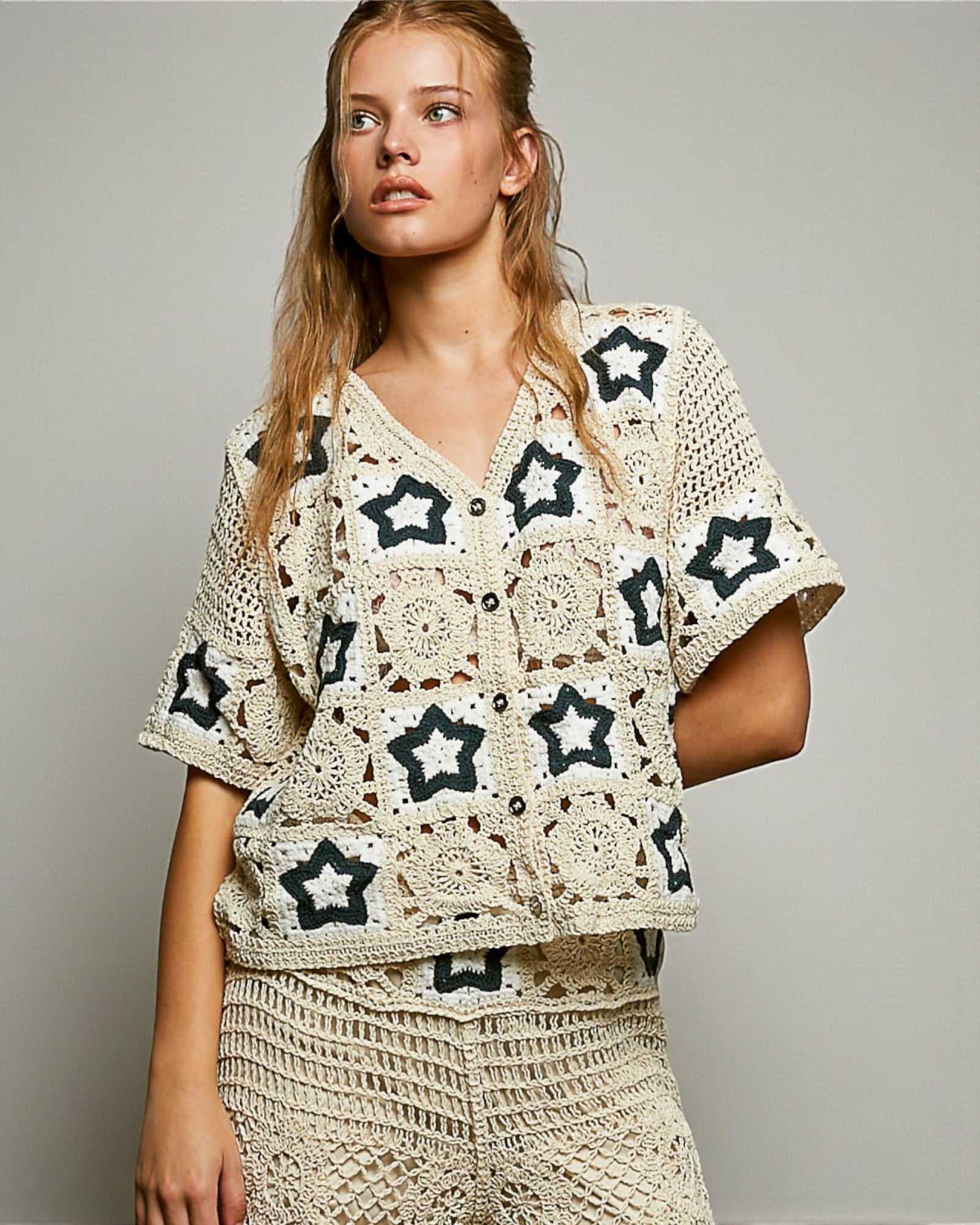 POL Natural Crochet Star Button-Up Top – Beach Rose Co.