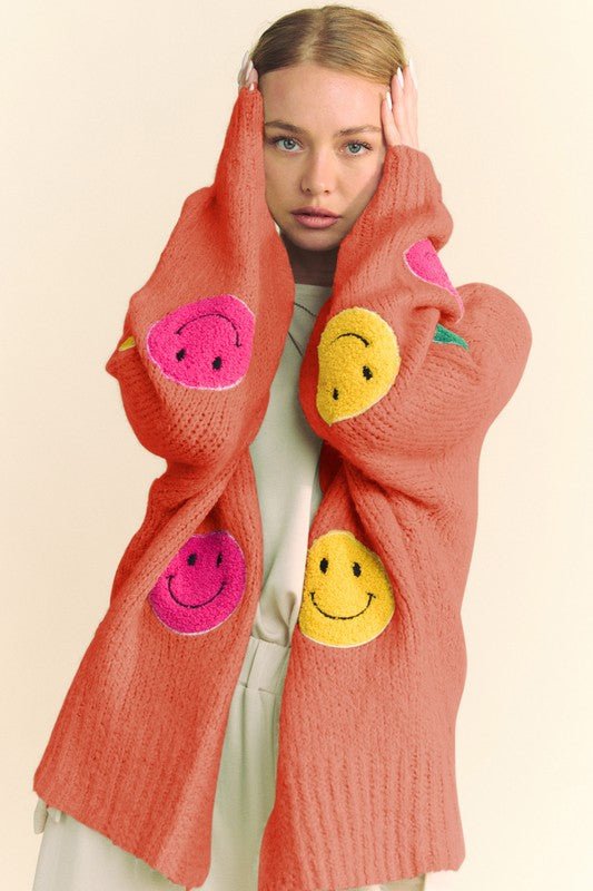 DAVI & DANI Smiley Face Open Front Cardigan in Rust – Beach Rose Co.
